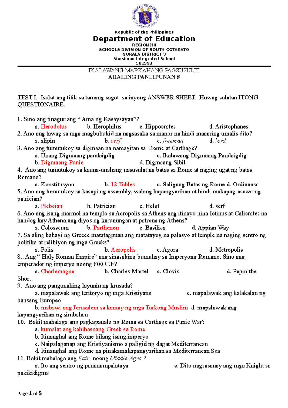 Aralpan 2nd Quarter Test 8 answer key docx - Republic of the ...