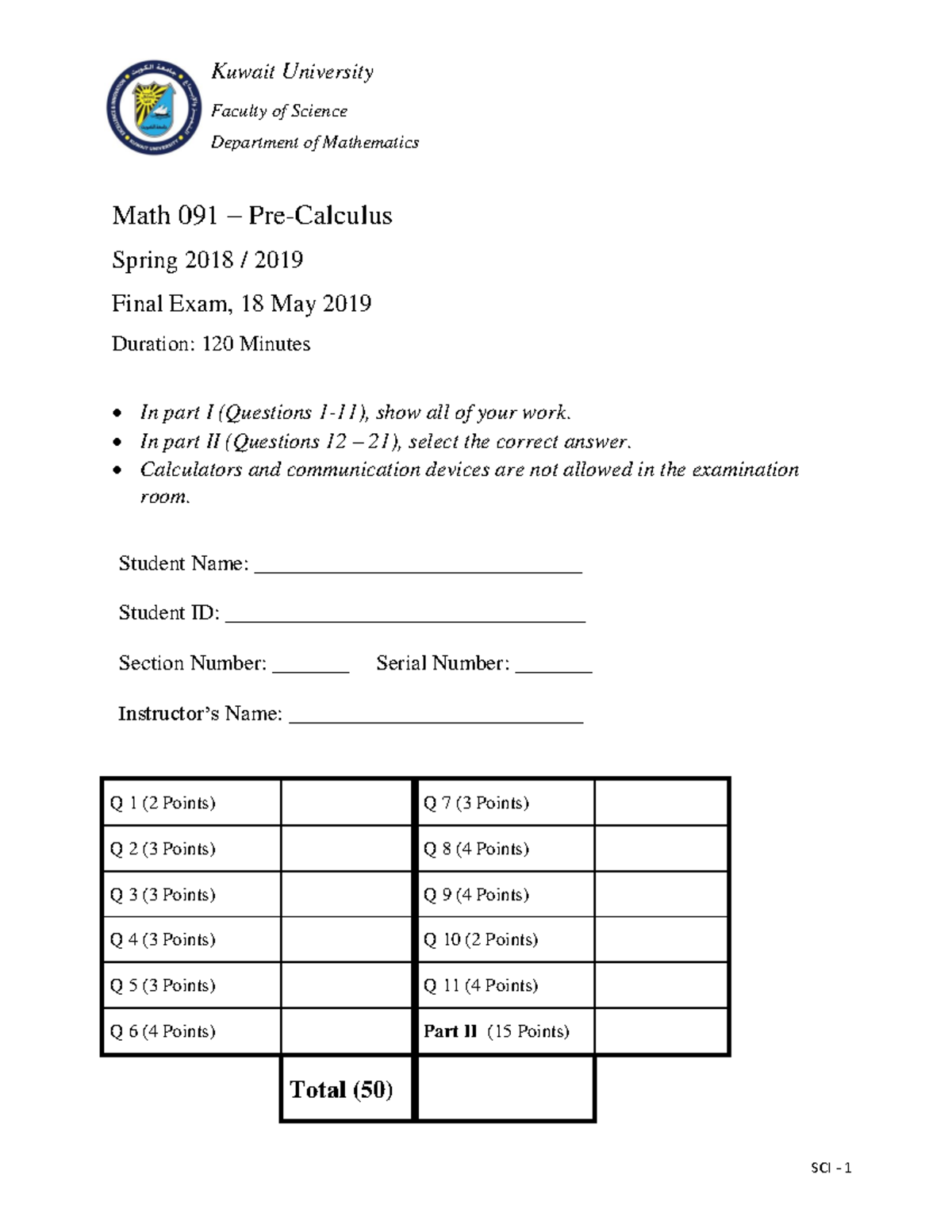 Final Spring 18 19 - Kuwait University Faculty of Science Department of ...