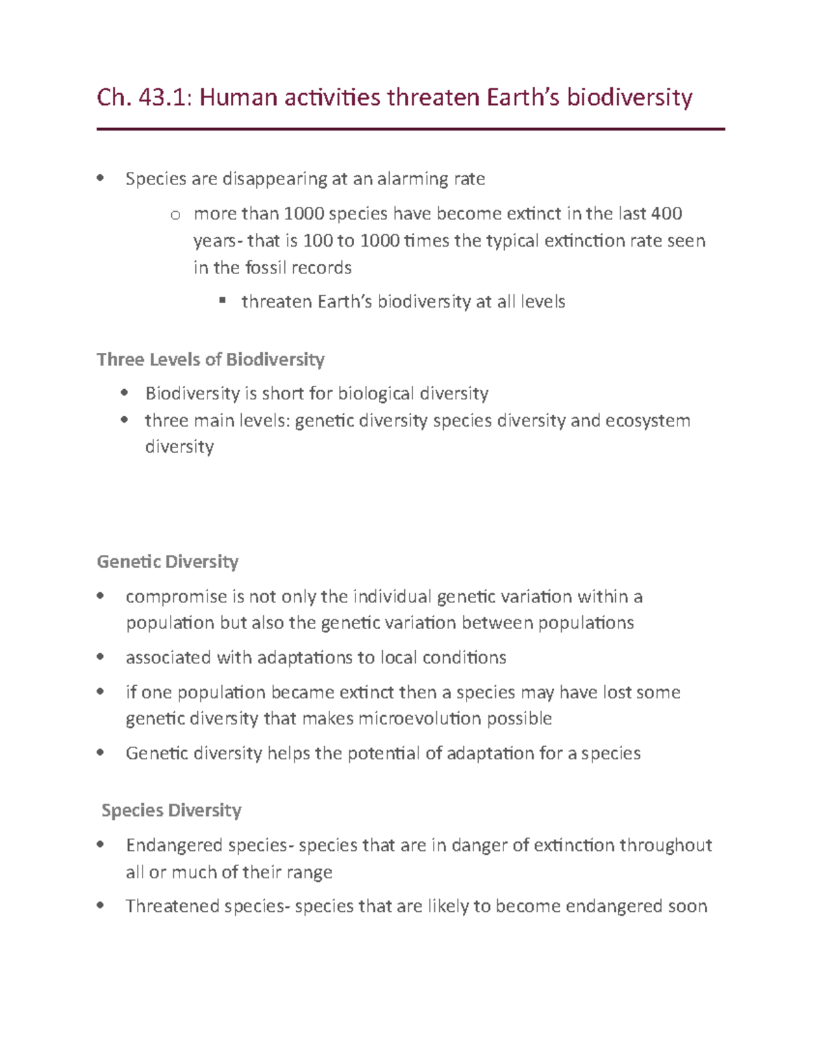 Ch. 43.1 Human activities threaten Earth’s biodiversity - Ch. 43: Human ...