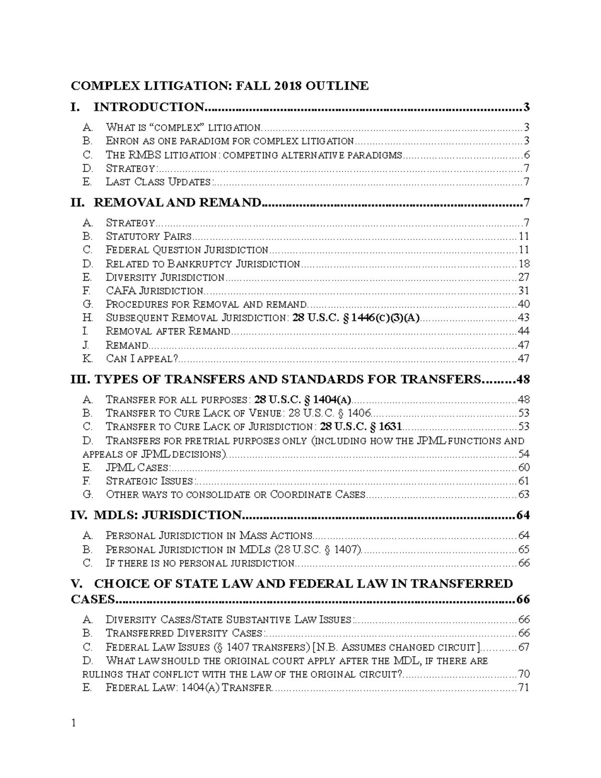 Complex Litigation 2018 - COMPLEX LITIGATION: FALL 2018 OUTLINE I ...