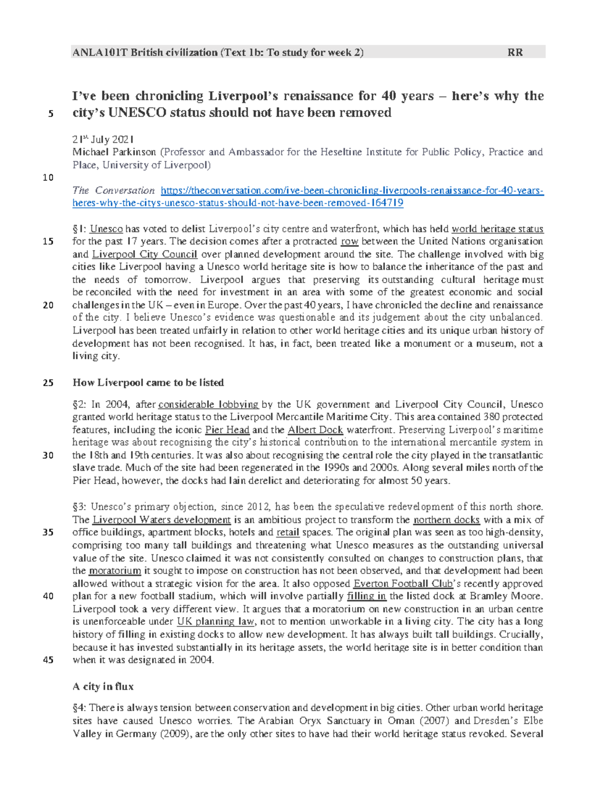 Liverpool text - notes - ANLA101T British civilization (Text 1b: To ...