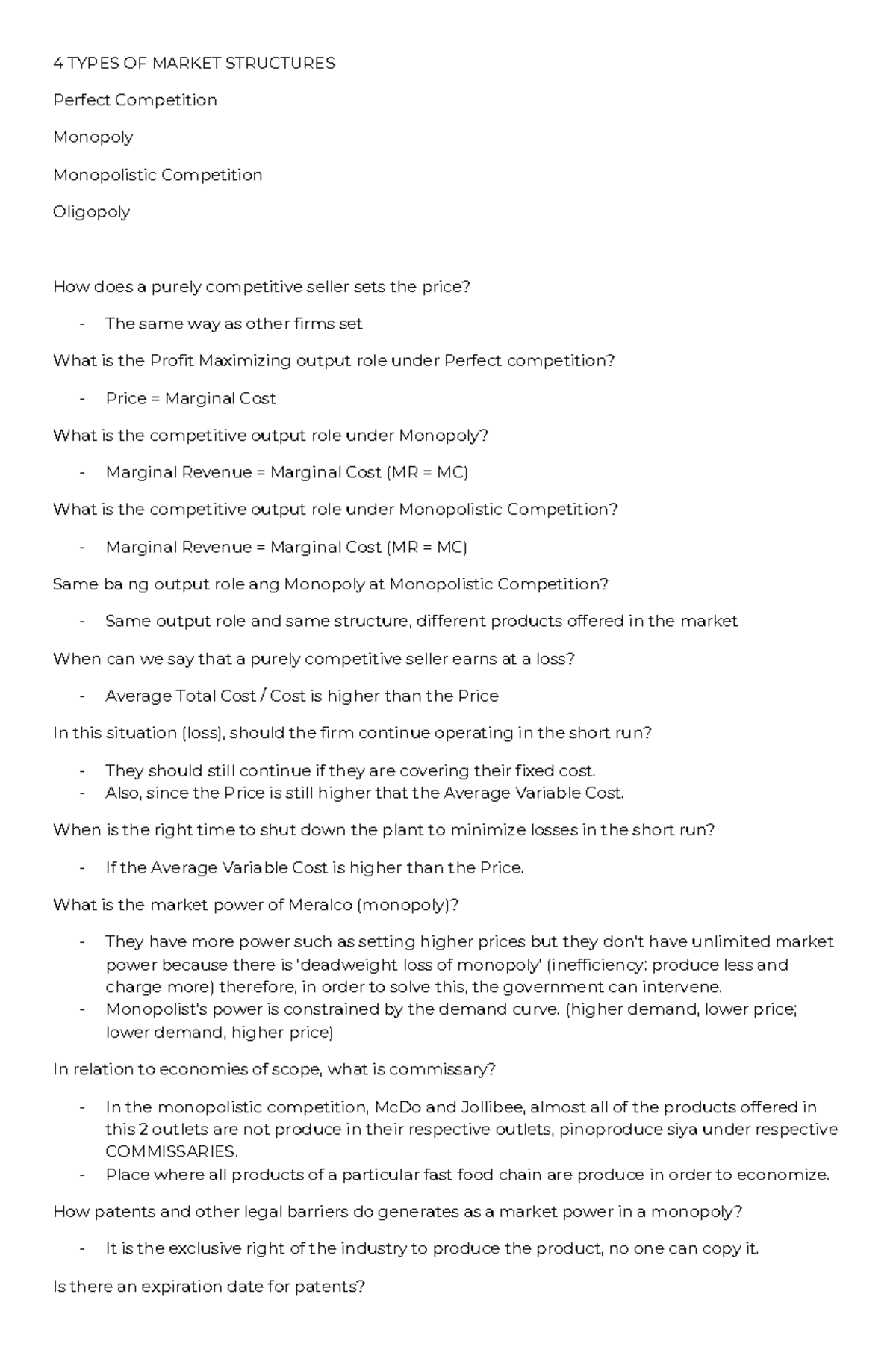ECON Quiz 3 Module 5^06 Formulas - 4 TYPES OF MARKET STRUCTURES Perfect ...