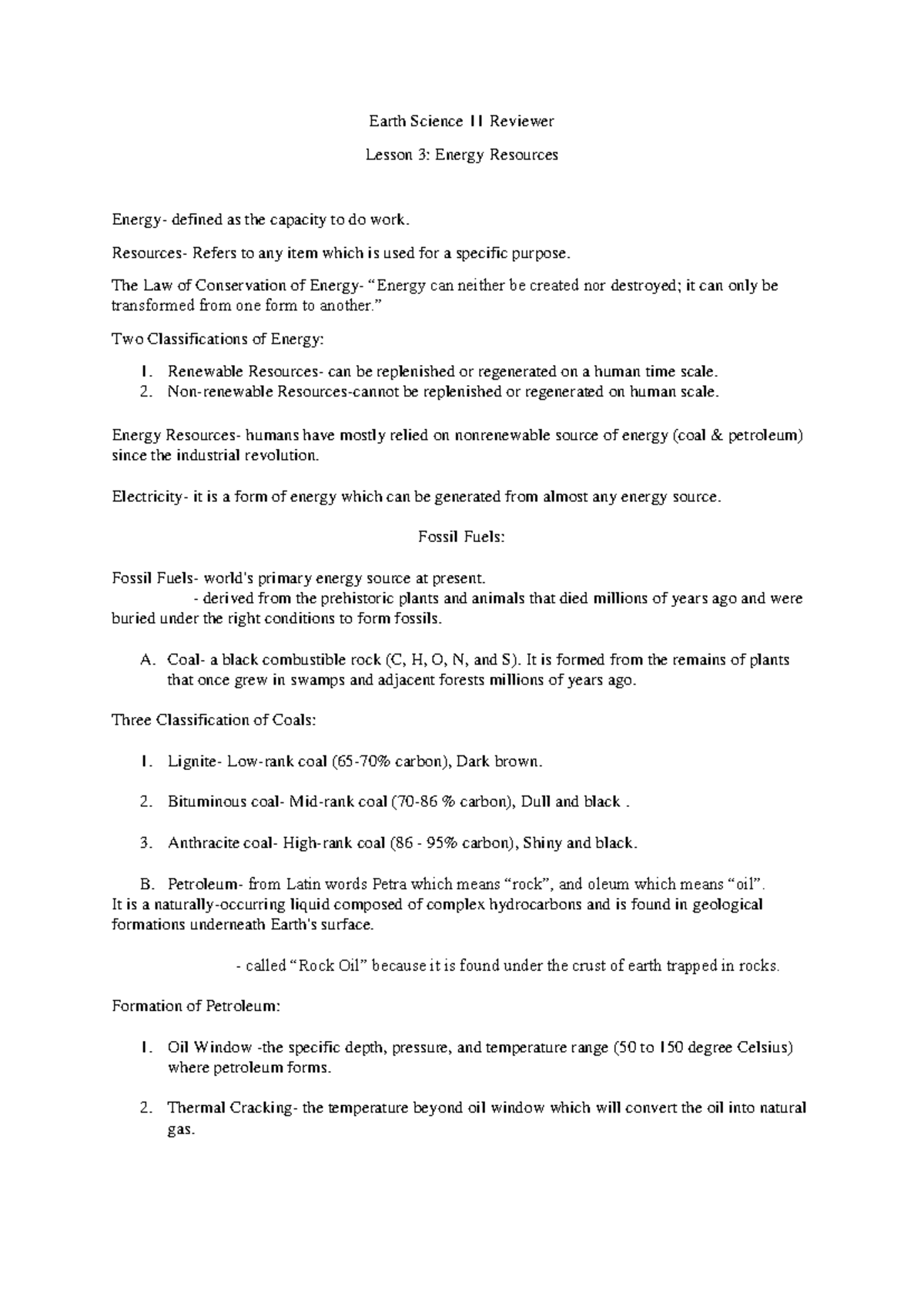 Earth Science 11 Reviewer - Earth Science 11 Reviewer Lesson 3: Energy ...