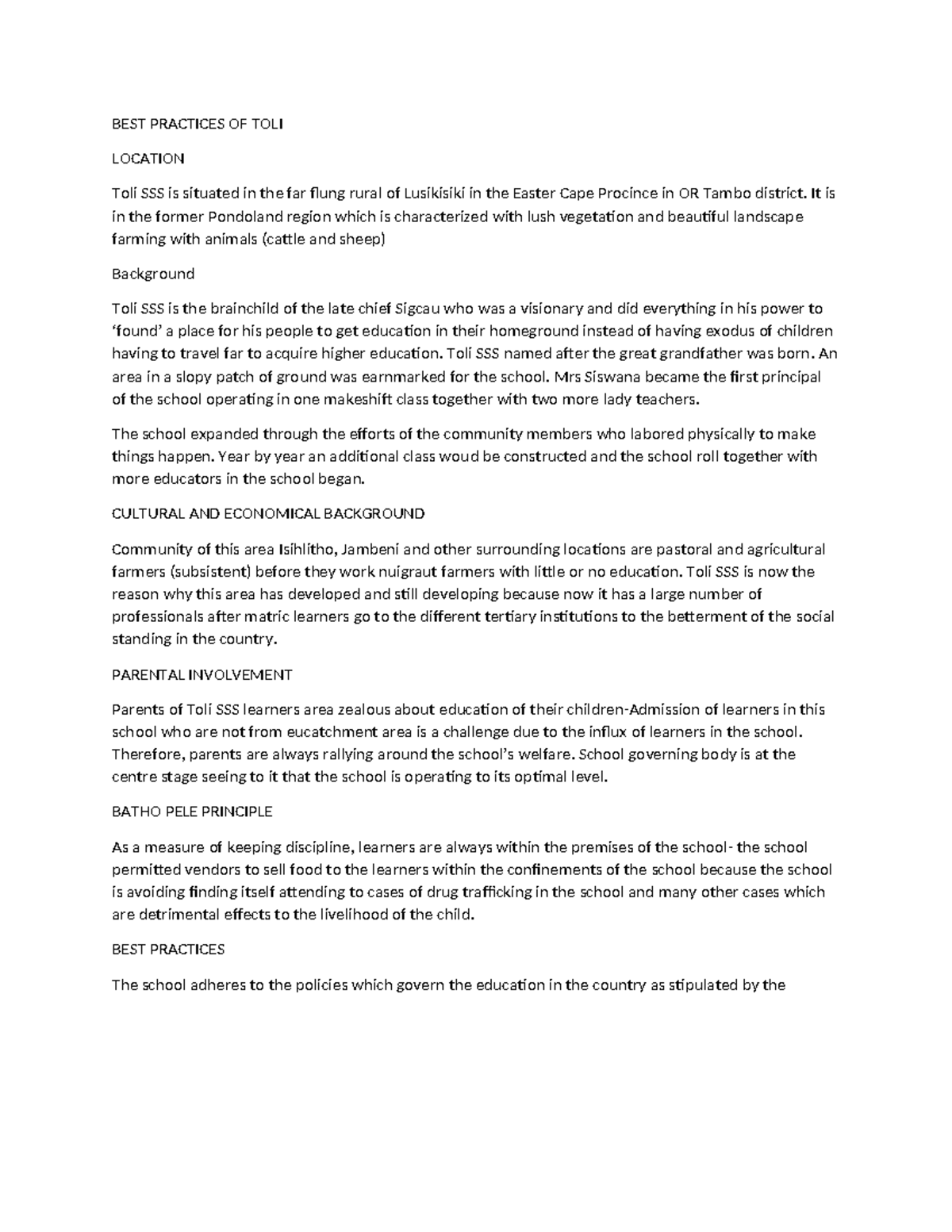 TOLI Succession PLAN - BEST PRACTICES OF TOLI LOCATION Toli SSS is ...