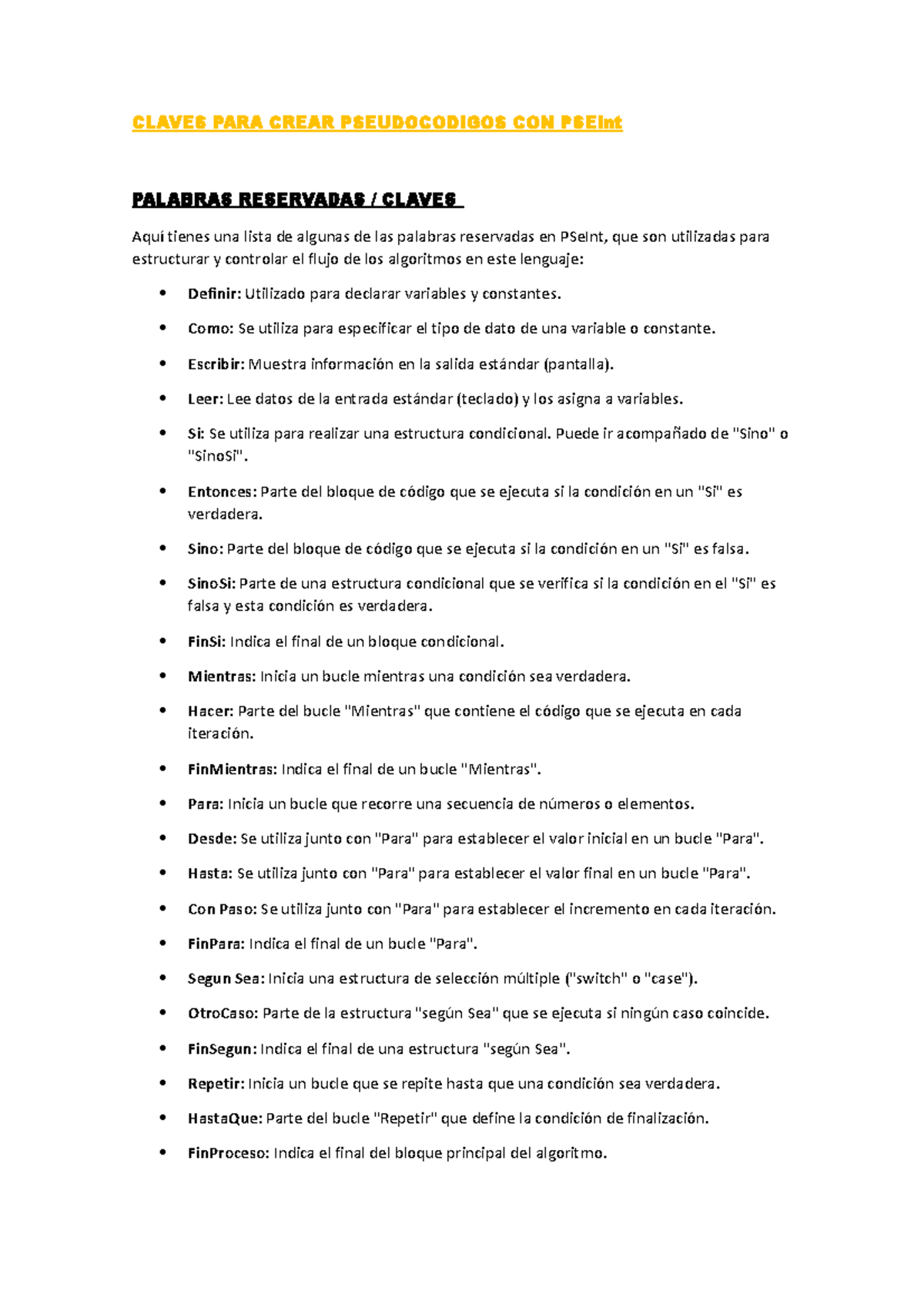 Clase PSEint - Material de estudio para aprender a programar - CLAVES PARA CREAR PSEUDOCODIGOS ...