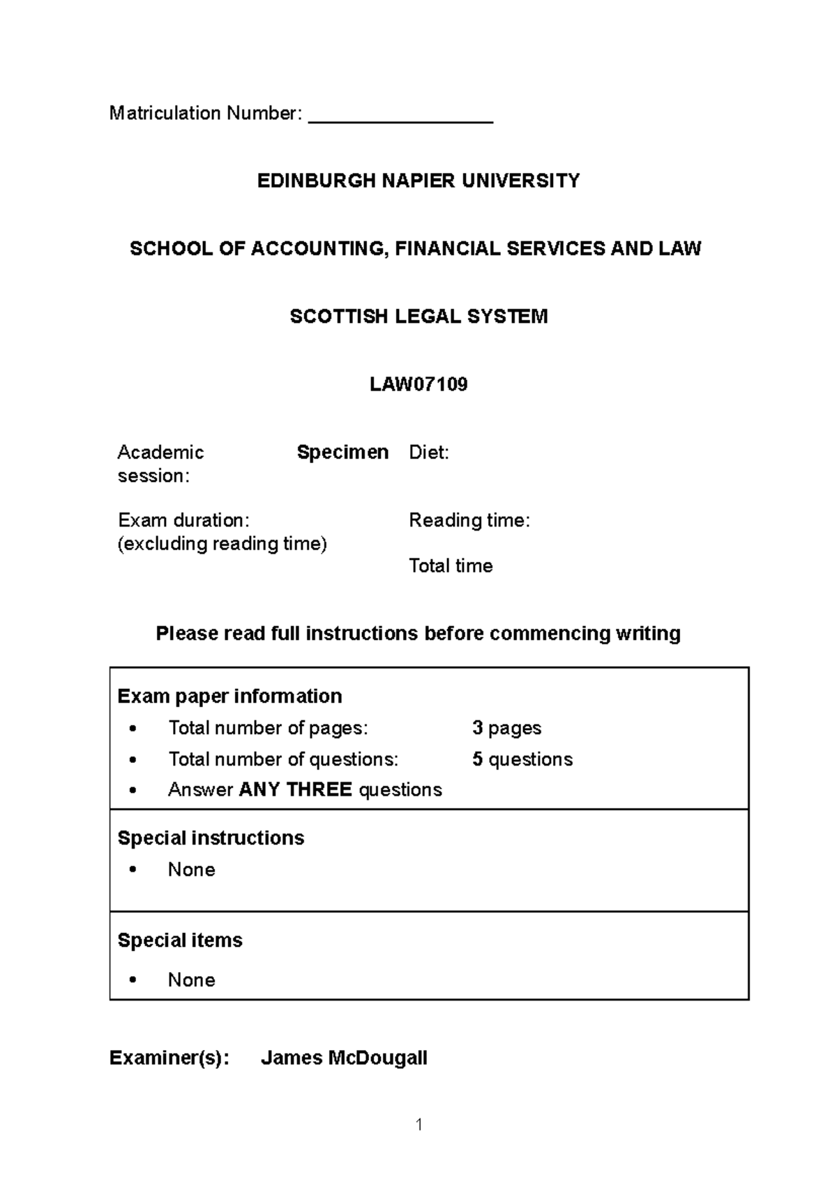Specimen Paper 1 - Matriculation Number: _________________ EDINBURGH ...