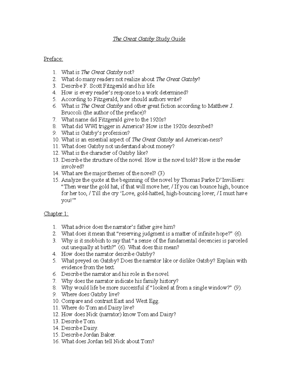 The Great Gatsby Study Guide - The Great Gatsby Study Guide Preface ...