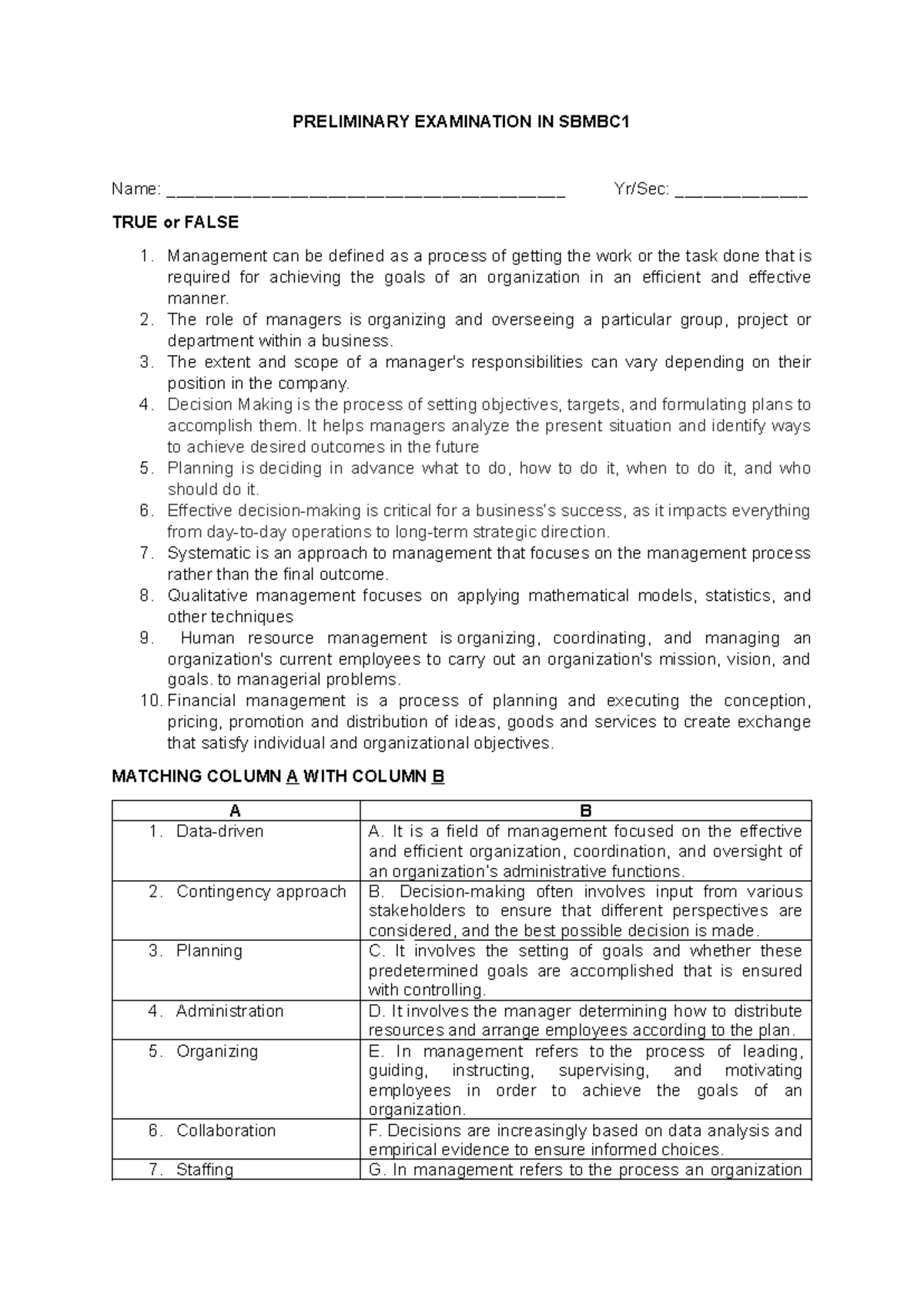 Preliminary Examination IN Sbmbc 1 - PRELIMINARY EXAMINATION IN SBMBC ...
