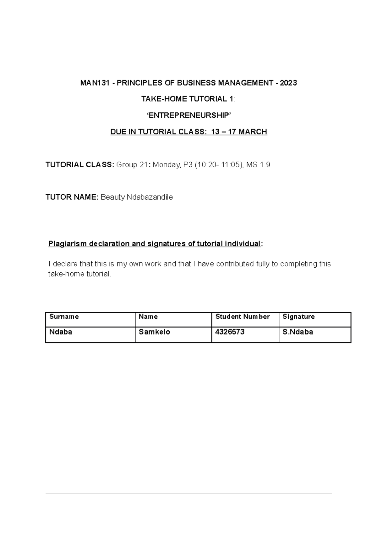 MAN131 Take-home Tutorial 1 - MAN131 - PRINCIPLES OF BUSINESS ...