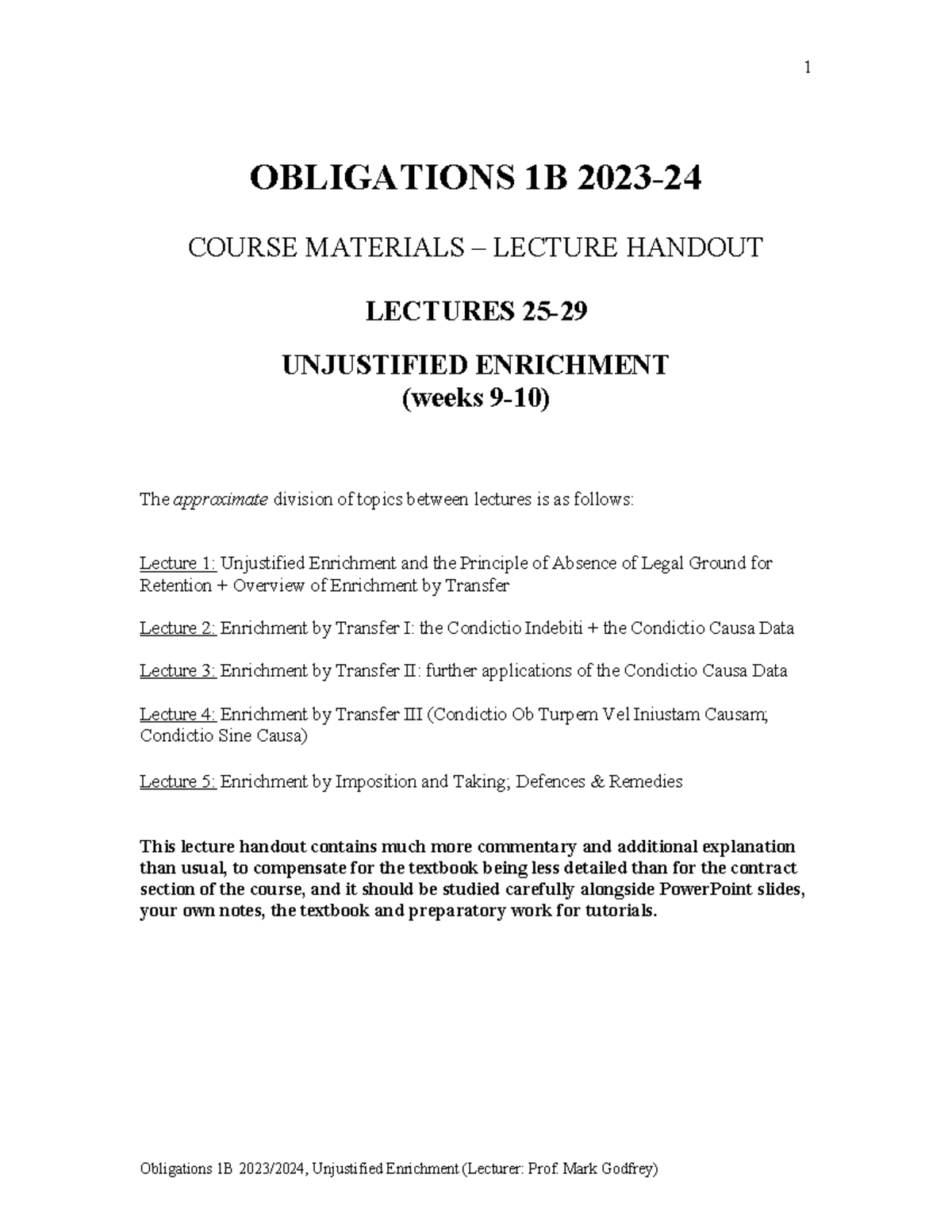 Obligations 1B UE Lecture Handout 2024 - OBLIGATIONS 1B 2023- COURSE ...