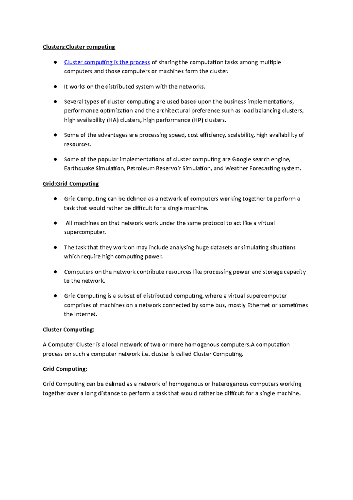 Clusters - Lecture notes Cloud computing - Clusters:Cluster computing ...