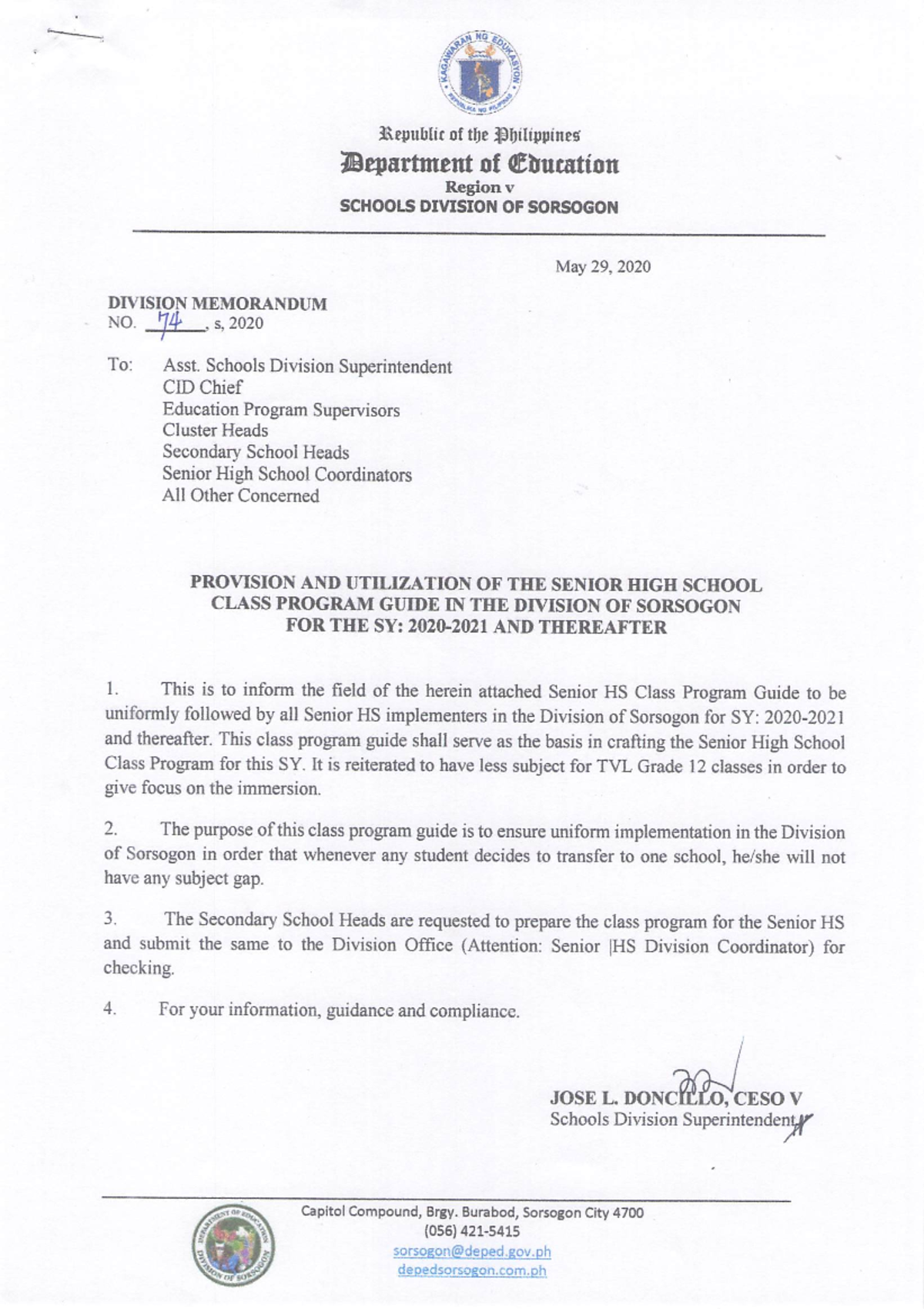 Memo 74 numbered 2020 - Study memo - Secondary Education Major in English - Studocu