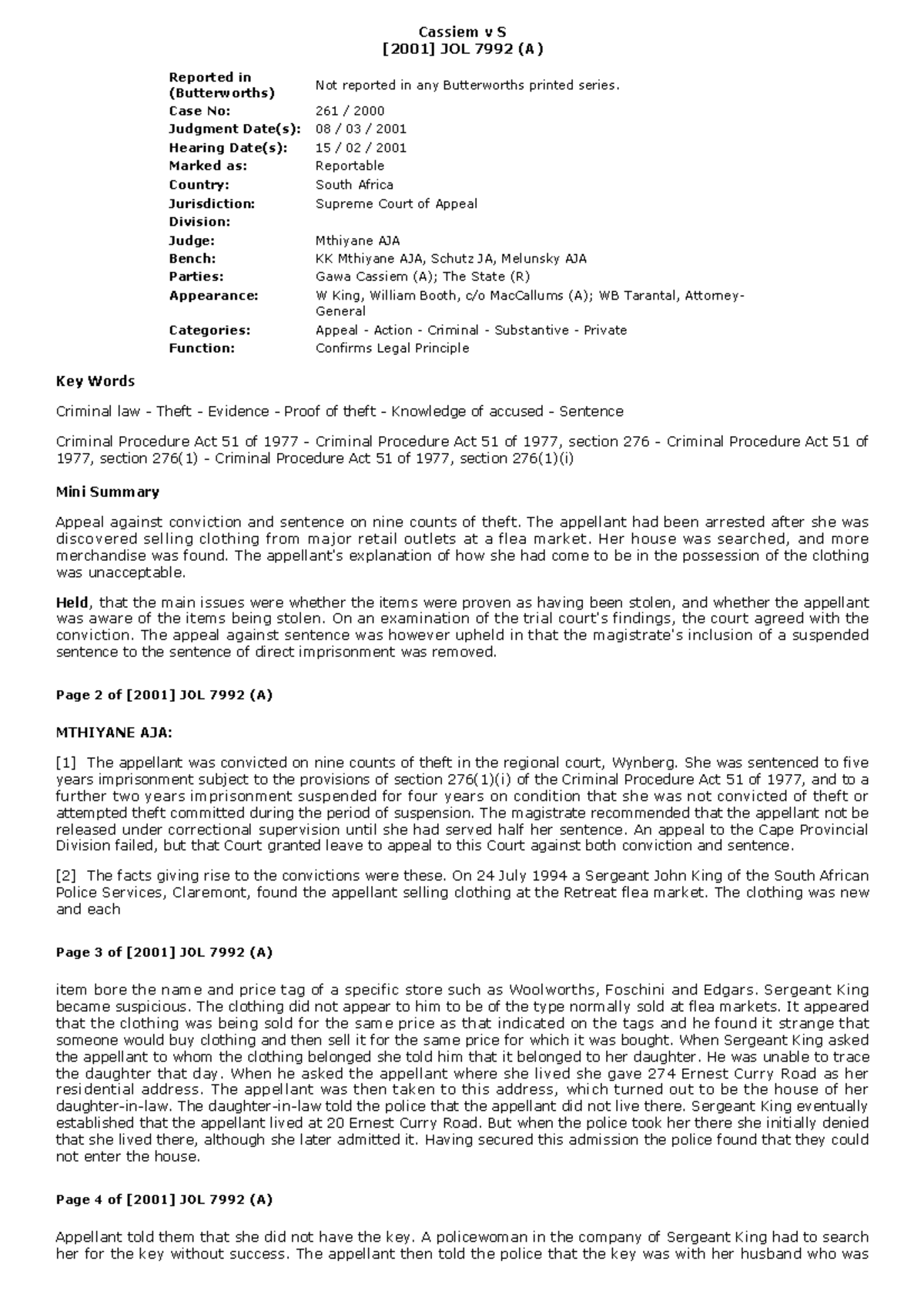 Cassiem v S [2001 ] JOL 7992 (A) - Cassiem v S [2001] JOL 7992 (A ...