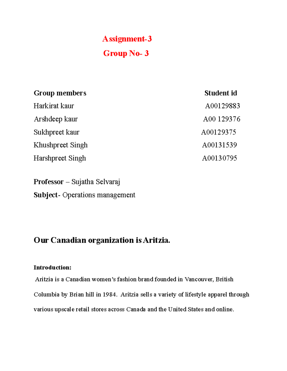 Aritzia - good assignmenrt - Assignment- Group No- 3 Group members ...