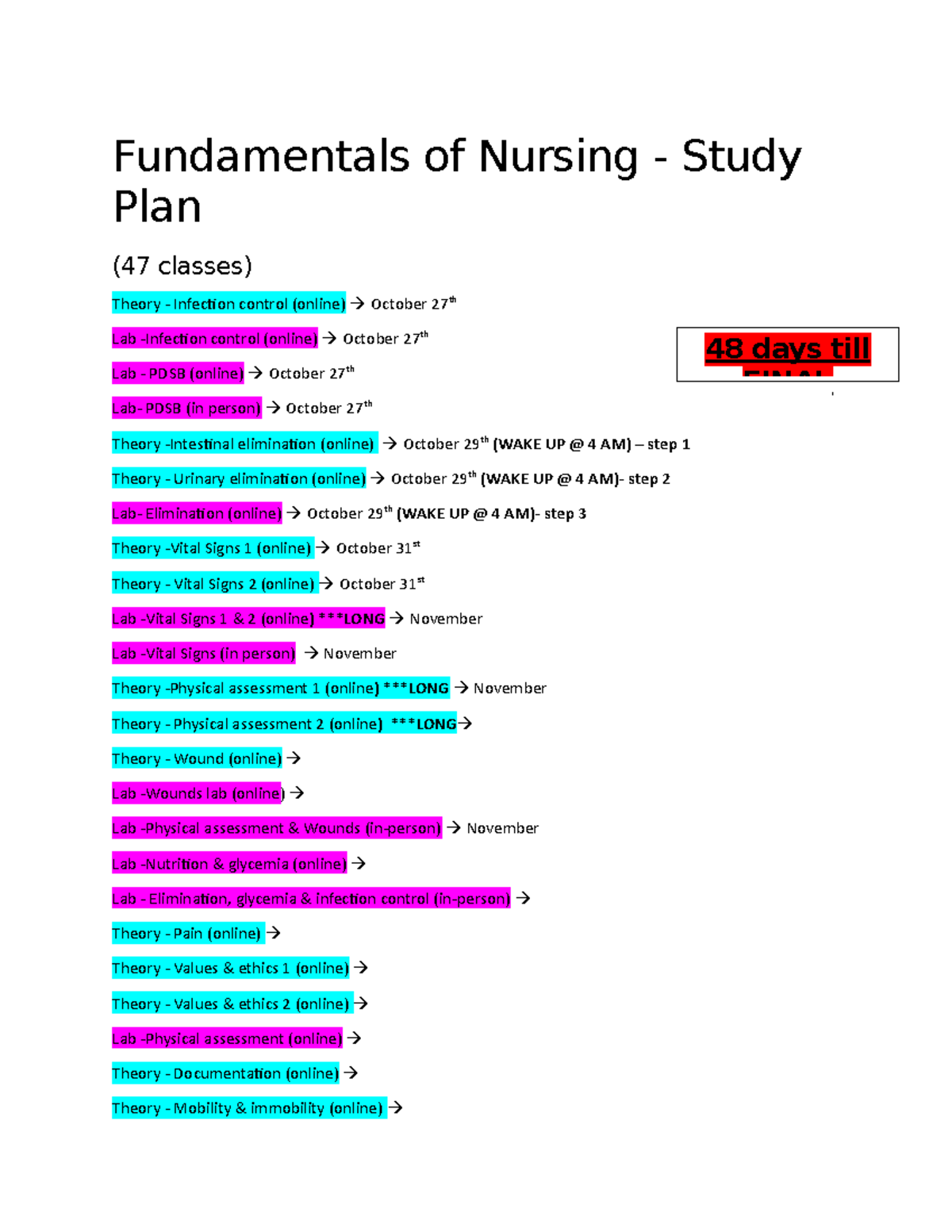 Final Exam Study Plan - Fundamentals of Nursing - Study Plan (47 ...