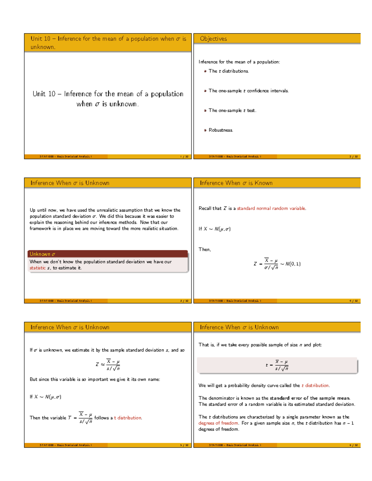Unit10-Handout - summer class note - Unit 10 – Inference for the mean of a population whenσis ...