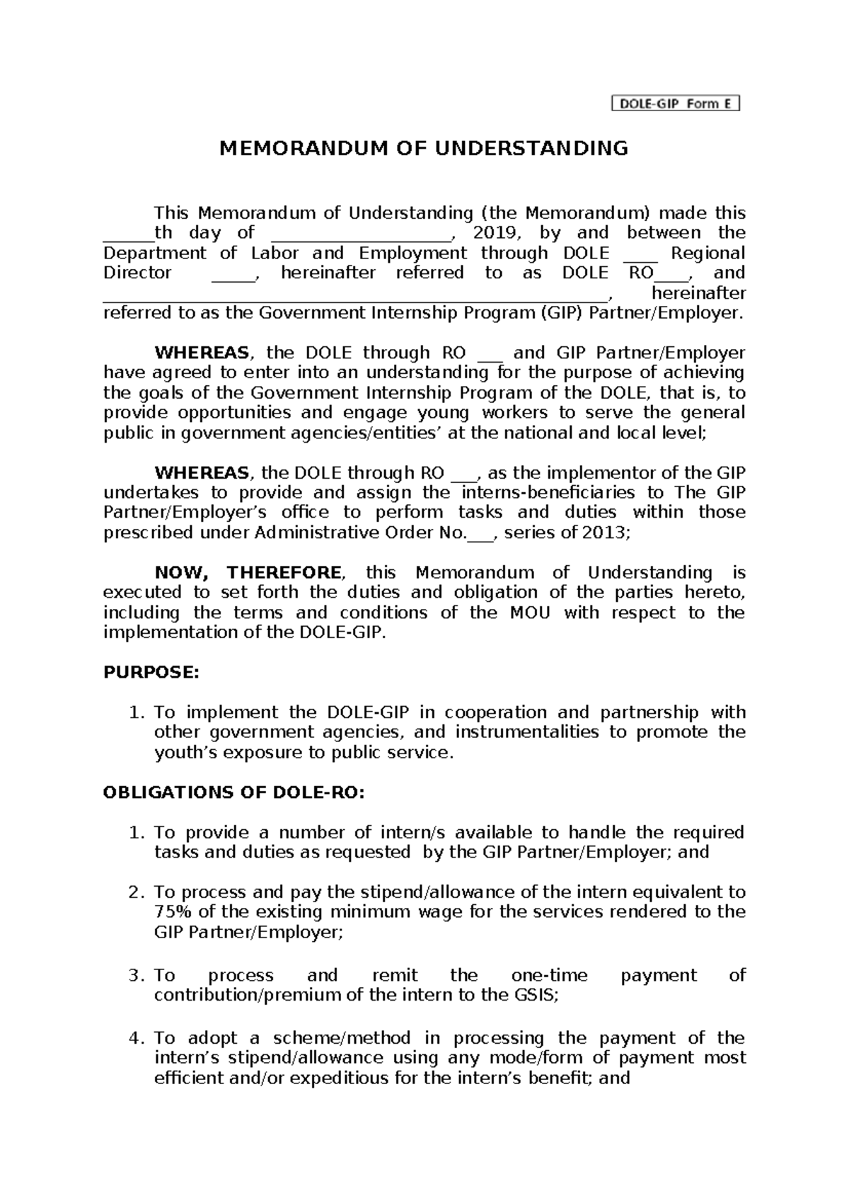 Memorandum of Understanding (E) - WHEREAS, the DOLE through RO ___ and ...