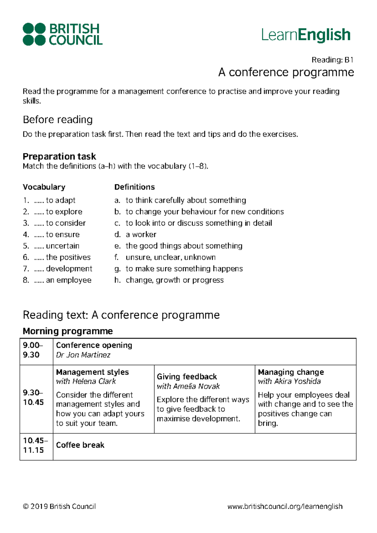 Learn English Reading B1 A conference programme 1 - © 2019 British ...