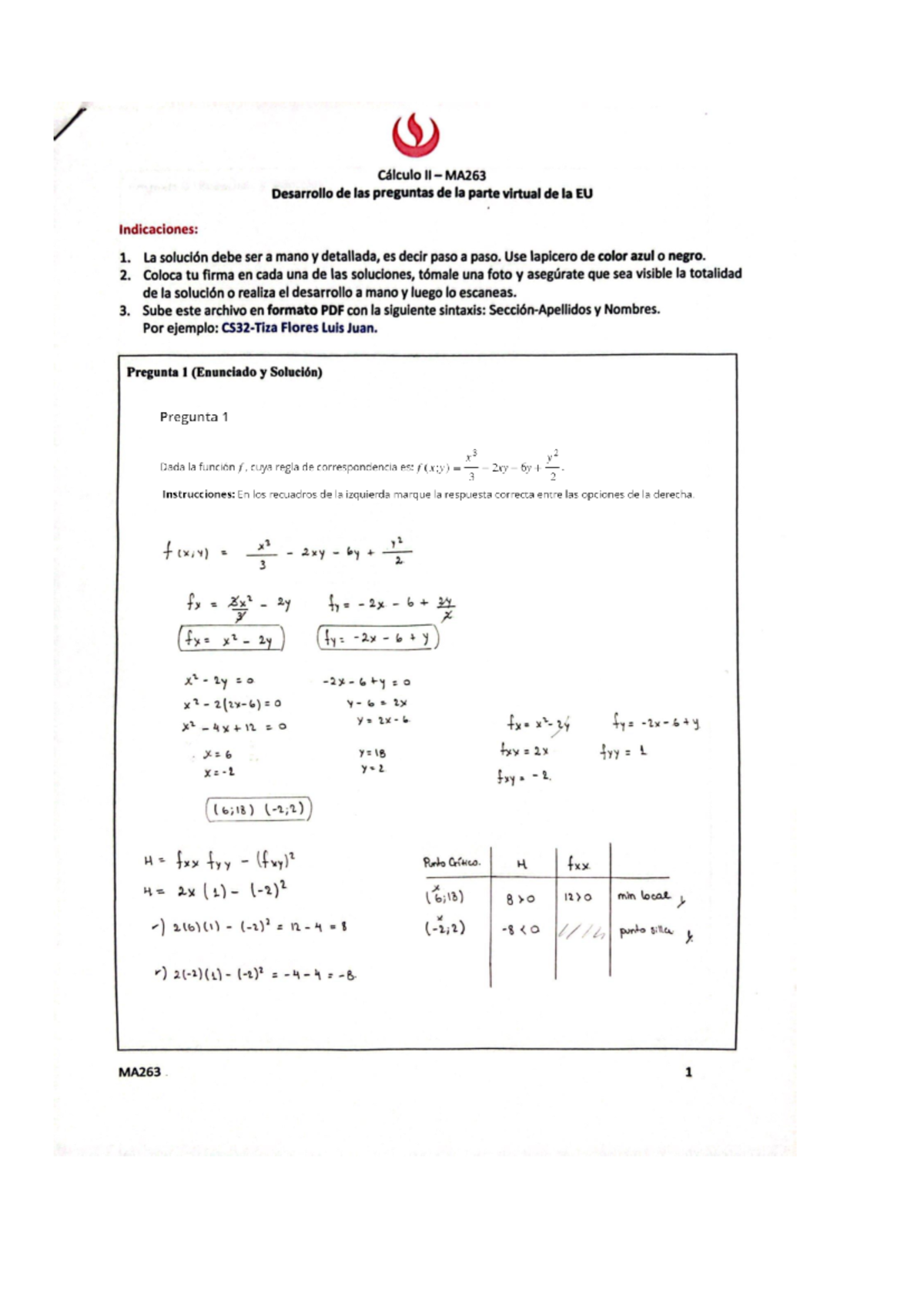 APC1 - CÁLCULO 2 - Cálculo II MA263 Desarrollo de las preguntas de la parte virtual de la EU ...