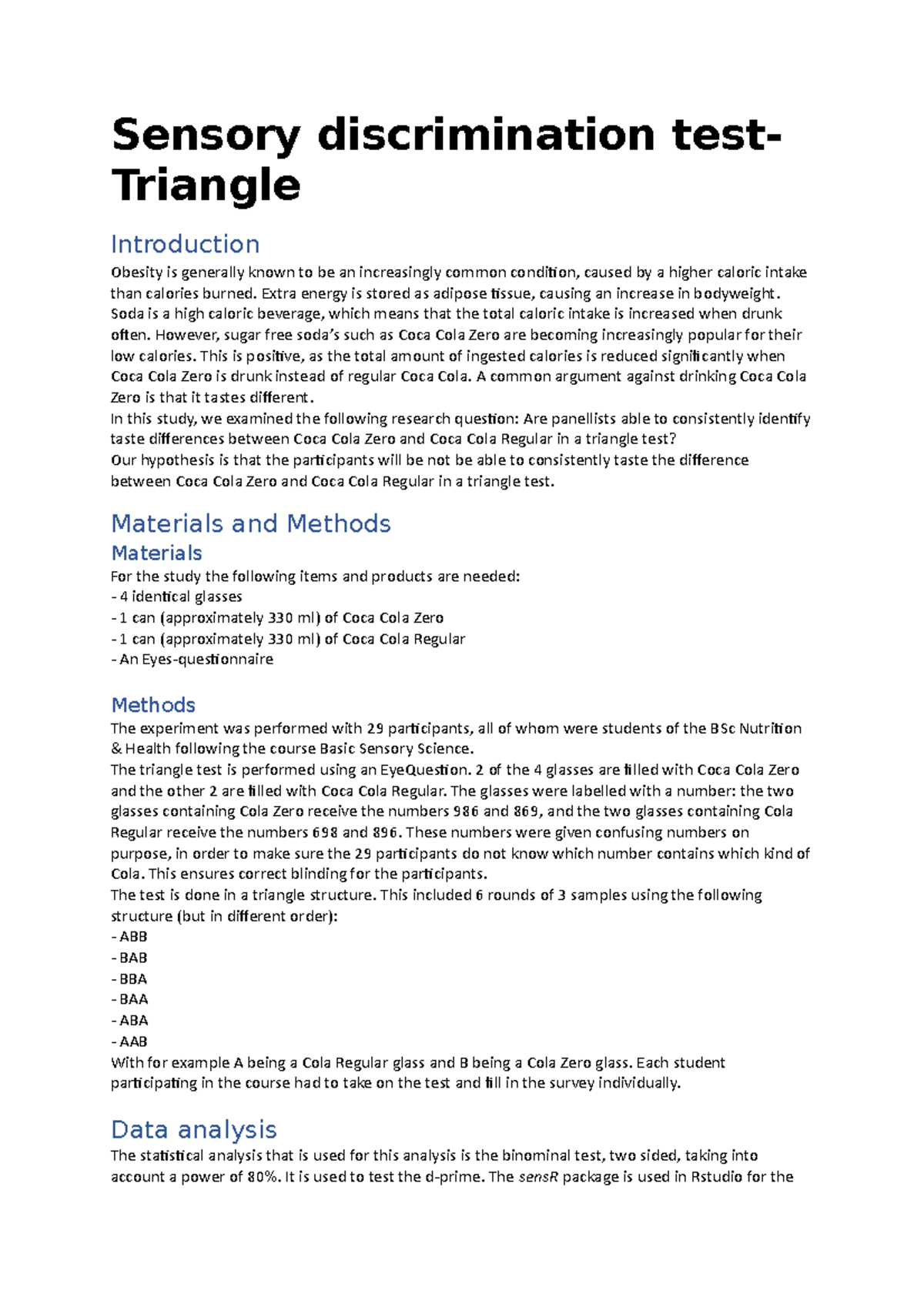 Triangle Test Groep 28 final - Sensory discrimination test- Triangle ...