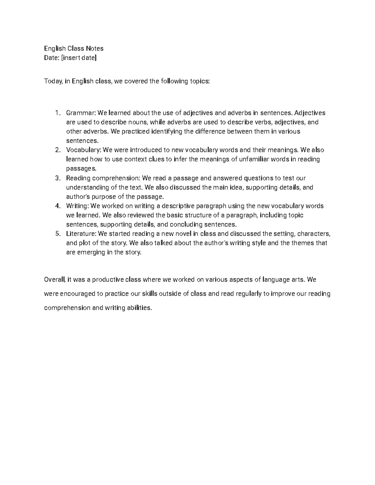 English Class Notes 2 - English Class Notes Date: [insert date] Today ...