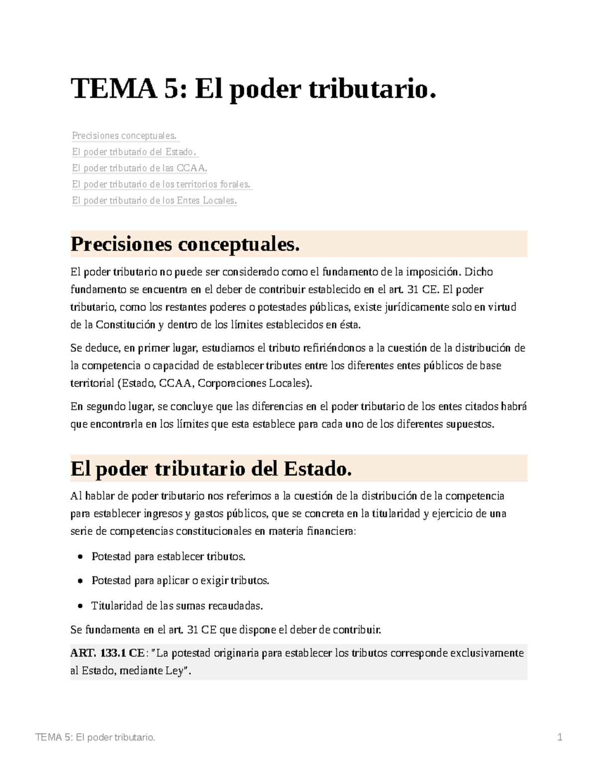 El poder tributario. - 1 TEMA 5: El poder tributario. Precisiones ...