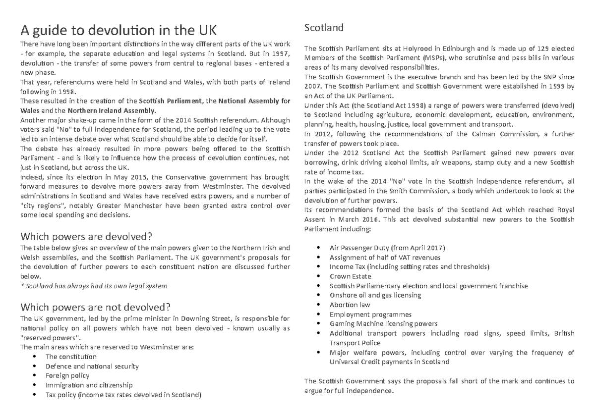 A guide to devolution in the UK - A guide to devoluion in the UK There ...