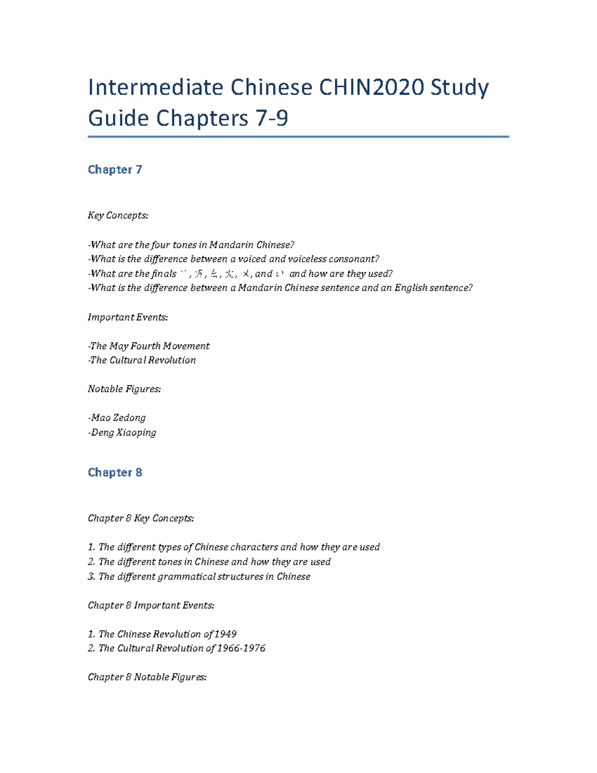 Intermediate Chinese CHIN2020 Study Guide Chapters 7-9 - Intermediate ...