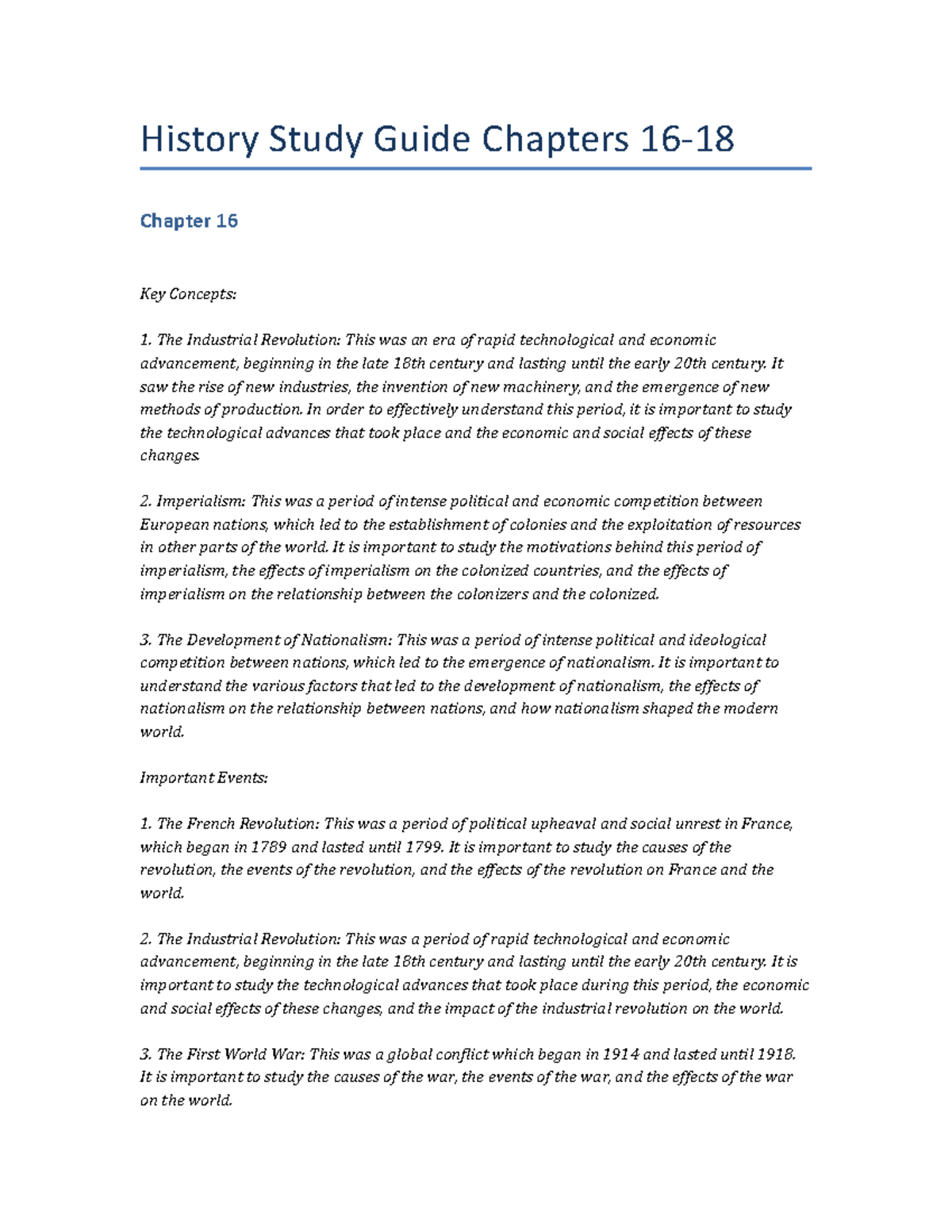 History Study Guide Chapters 16-18 - History Study Guide Chapters 16 ...