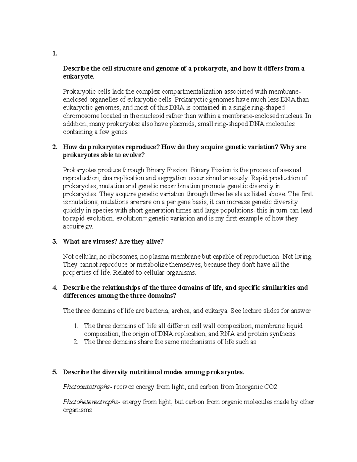27, Prokaryotes Practice Questions - 1. Describe the cell structure and ...
