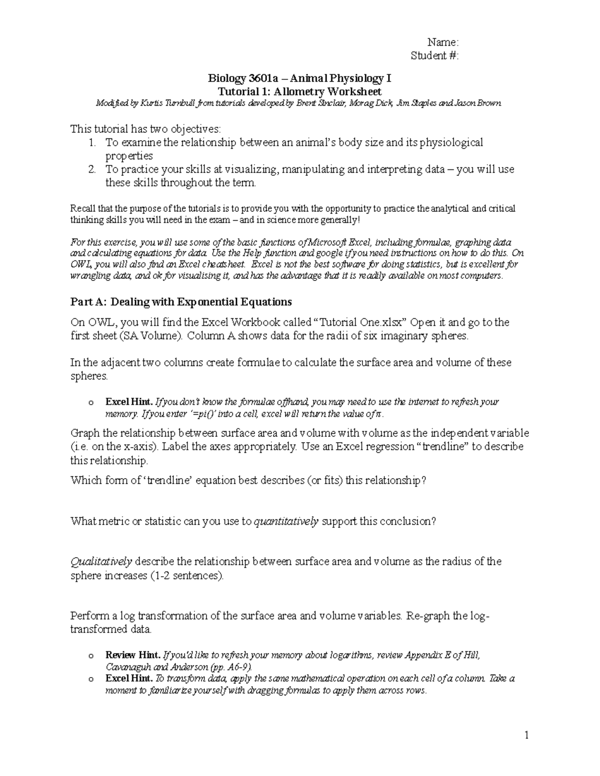 Tutorial One 2022 worksheet - Name: Student #: Biology 3601a – Animal ...