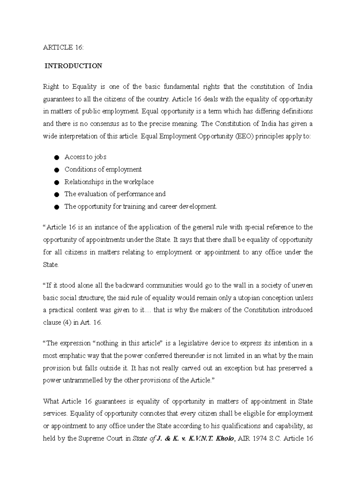 ART 16 - Article 16 - ARTICLE 16: INTRODUCTION Right to Equality is one ...