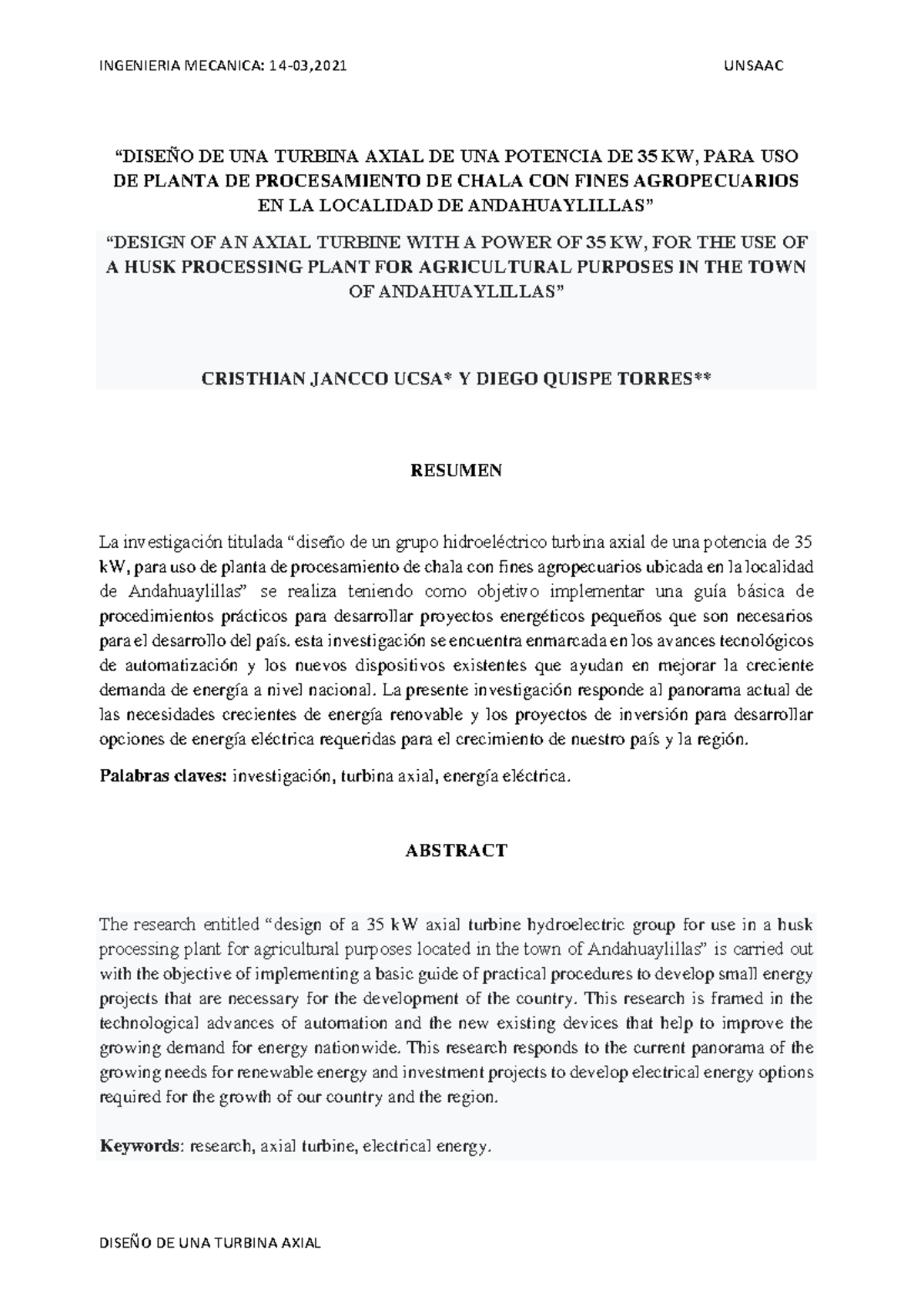 Articulo cientifico grupo 12 - “DISEÑO DE UNA TURBINA AXIAL DE UNA ...