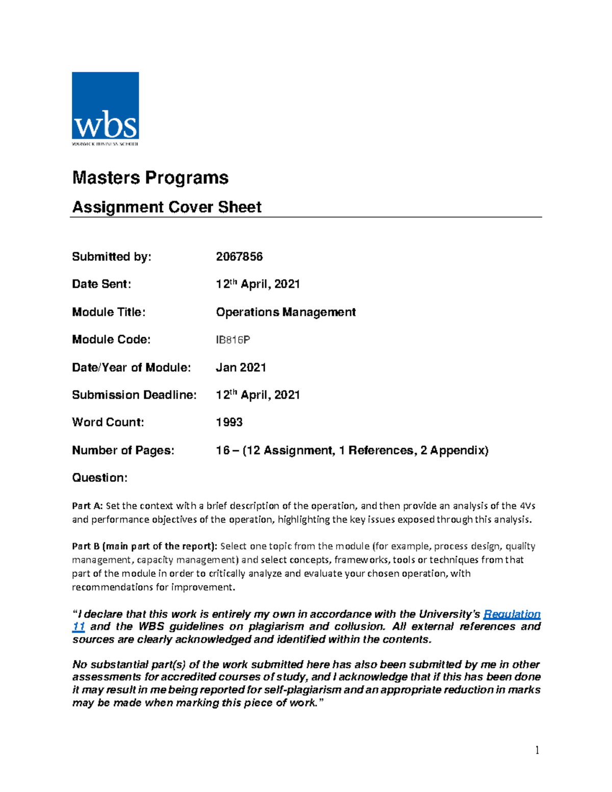 OM Asssignment - 2067856 - Masters Programs Assignment Cover Sheet ...