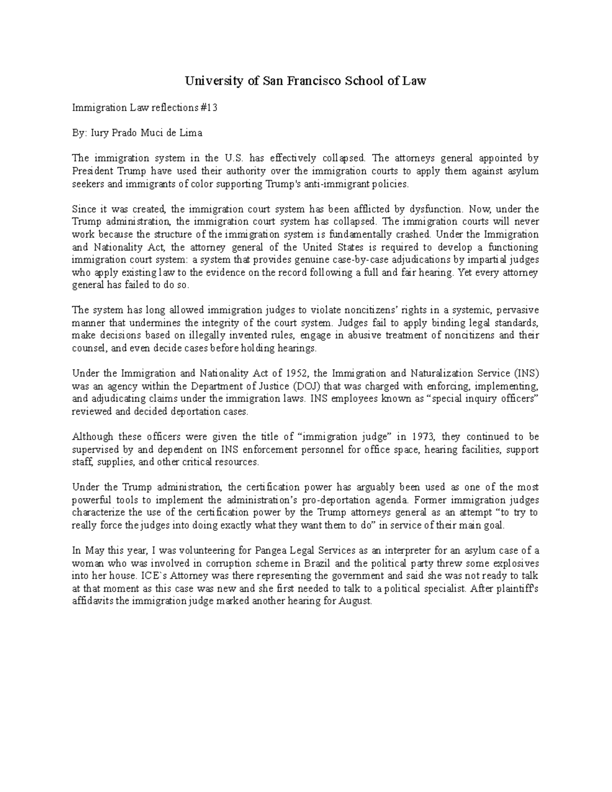 Written reflection Immigration Law - University of San Francisco School ...
