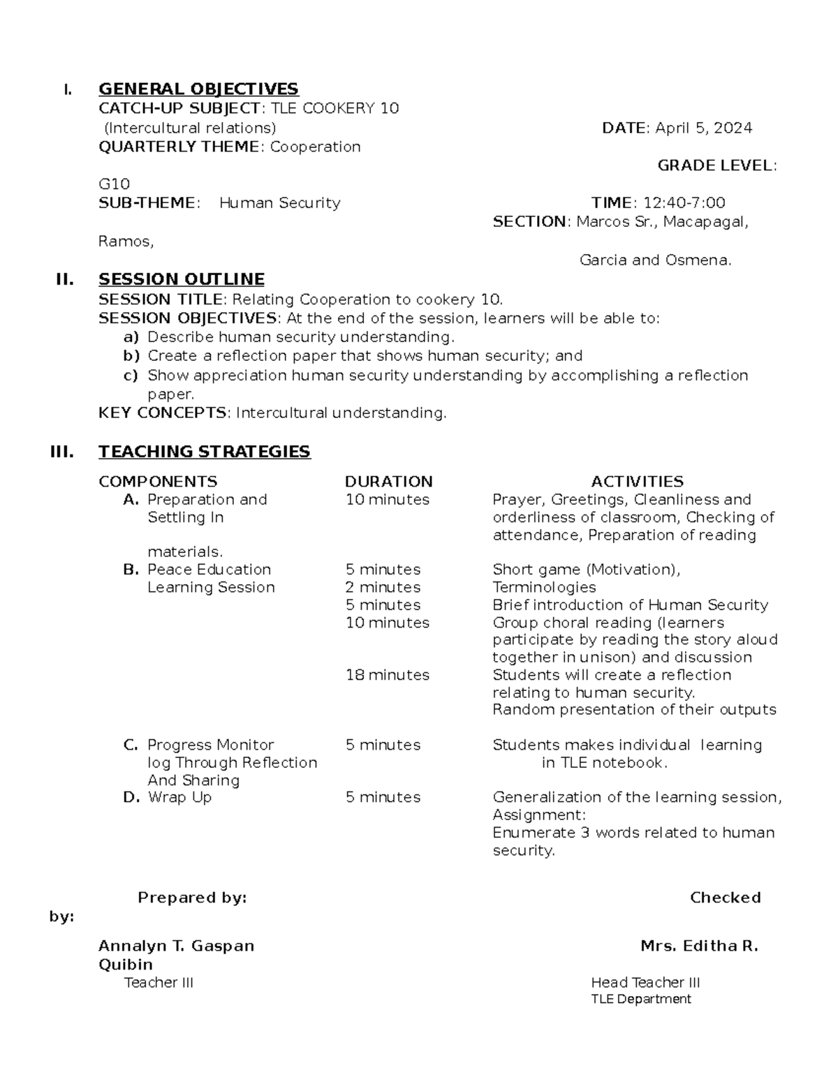 Catch up Friday April 5 - I. GENERAL OBJECTIVES CATCH-UP SUBJECT: TLE ...