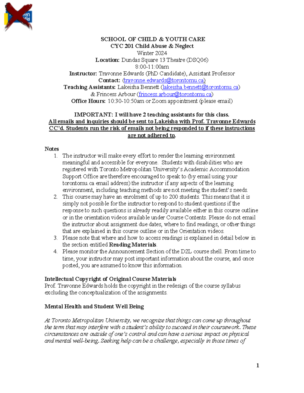 CYC201 Syllabus Winter 2024 Final - SCHOOL OF CHILD & YOUTH CARE CYC ...