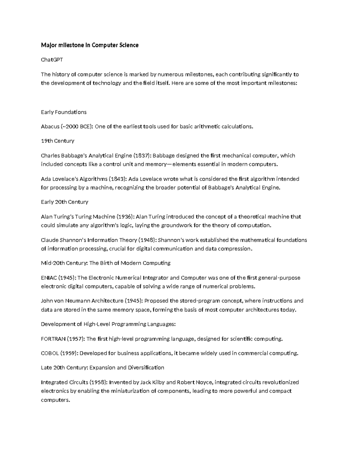 Major Milestone in Computer Science - Major milestone in Computer ...