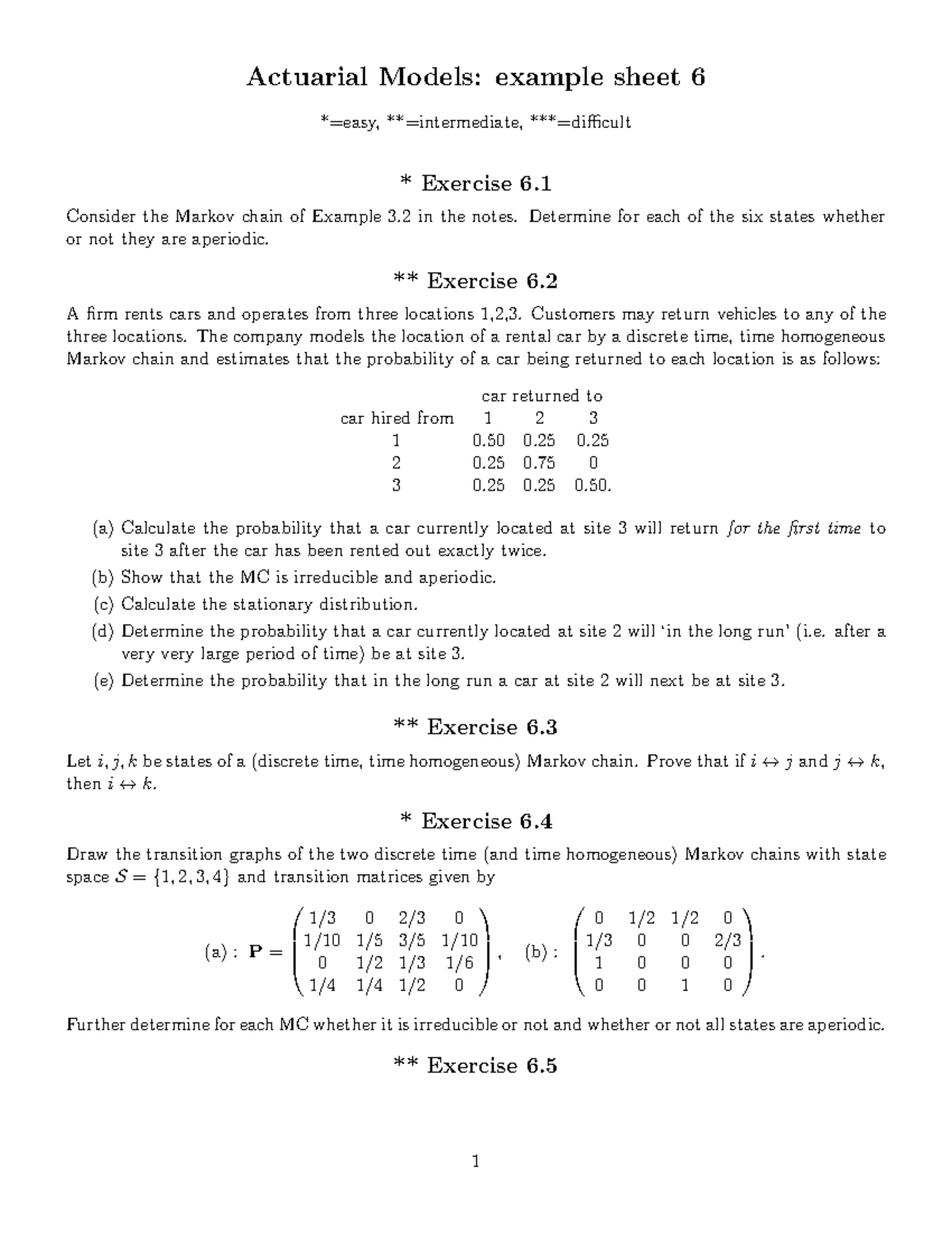 Examples-week6 - Actuarial Models: example sheet 6 *=easy ...