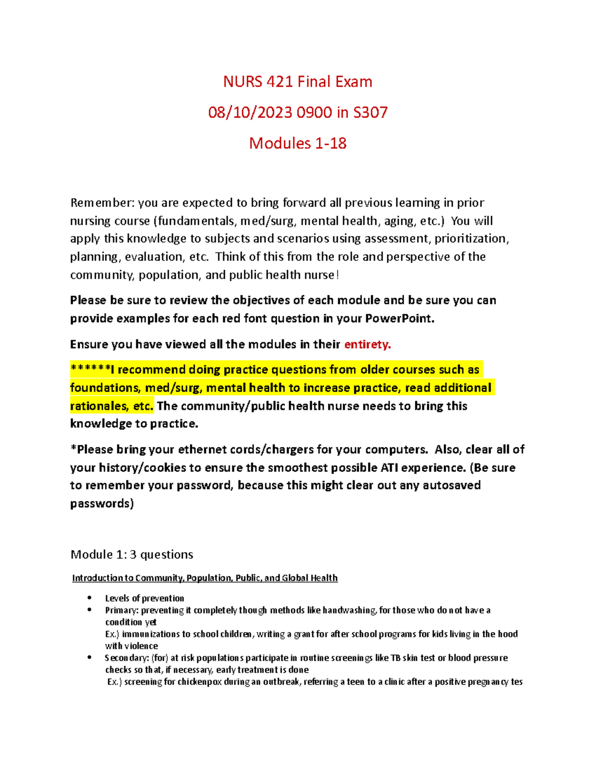 SU23 Final Exam Overview - NURS 421 Final Exam 08/10/2023 0900 in S ...