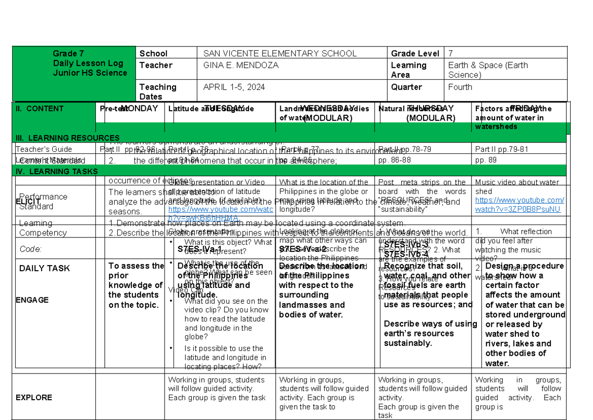 Lesson plan Grade 7, Quarter 4 - Week No. 1 MONDAY TUESDAY WEDNESDAY ...