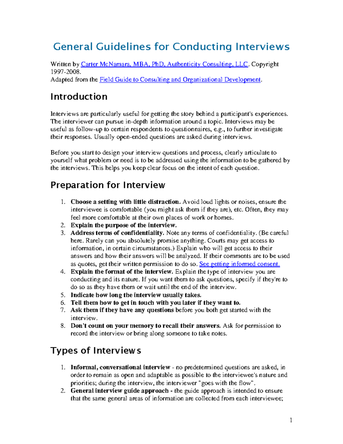 10j General Guidelines for Conducting Interviews - 1 General Guidelines ...