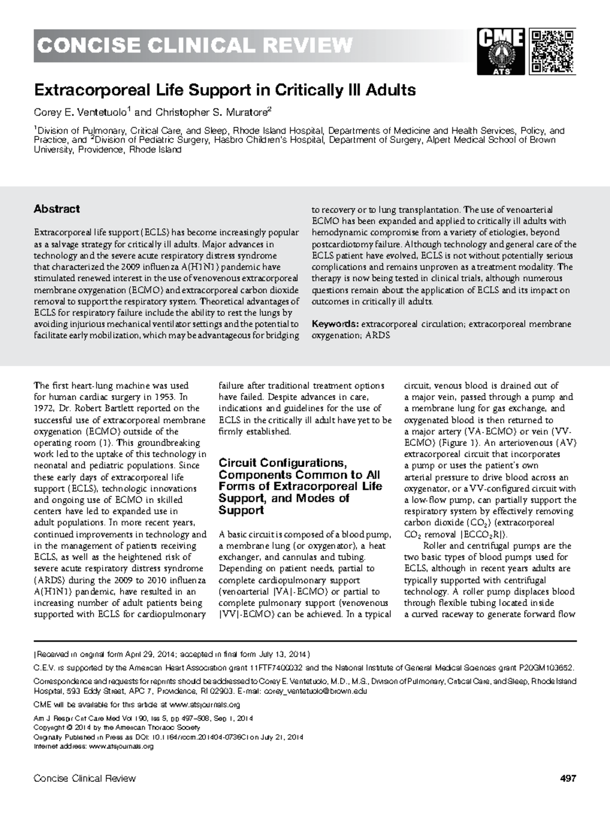 Extracorporeal Life Support in Critically Ill Adults - Ventetuolo 1 and ...