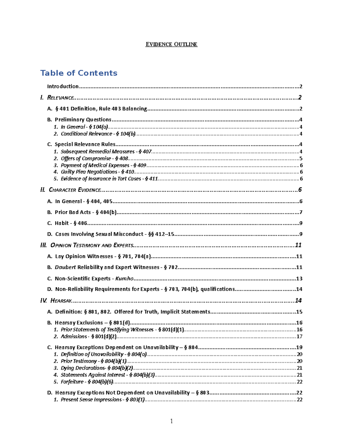 Evidence Short Outline - E VIDENCE OUTLINE - Studocu