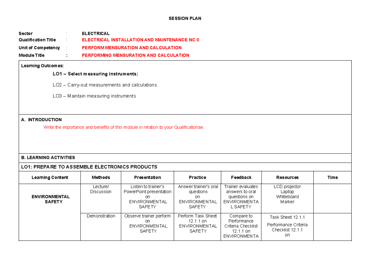 Session Plan Alorotemplate - SESSION PLAN Sector : ELECTRICAL ...