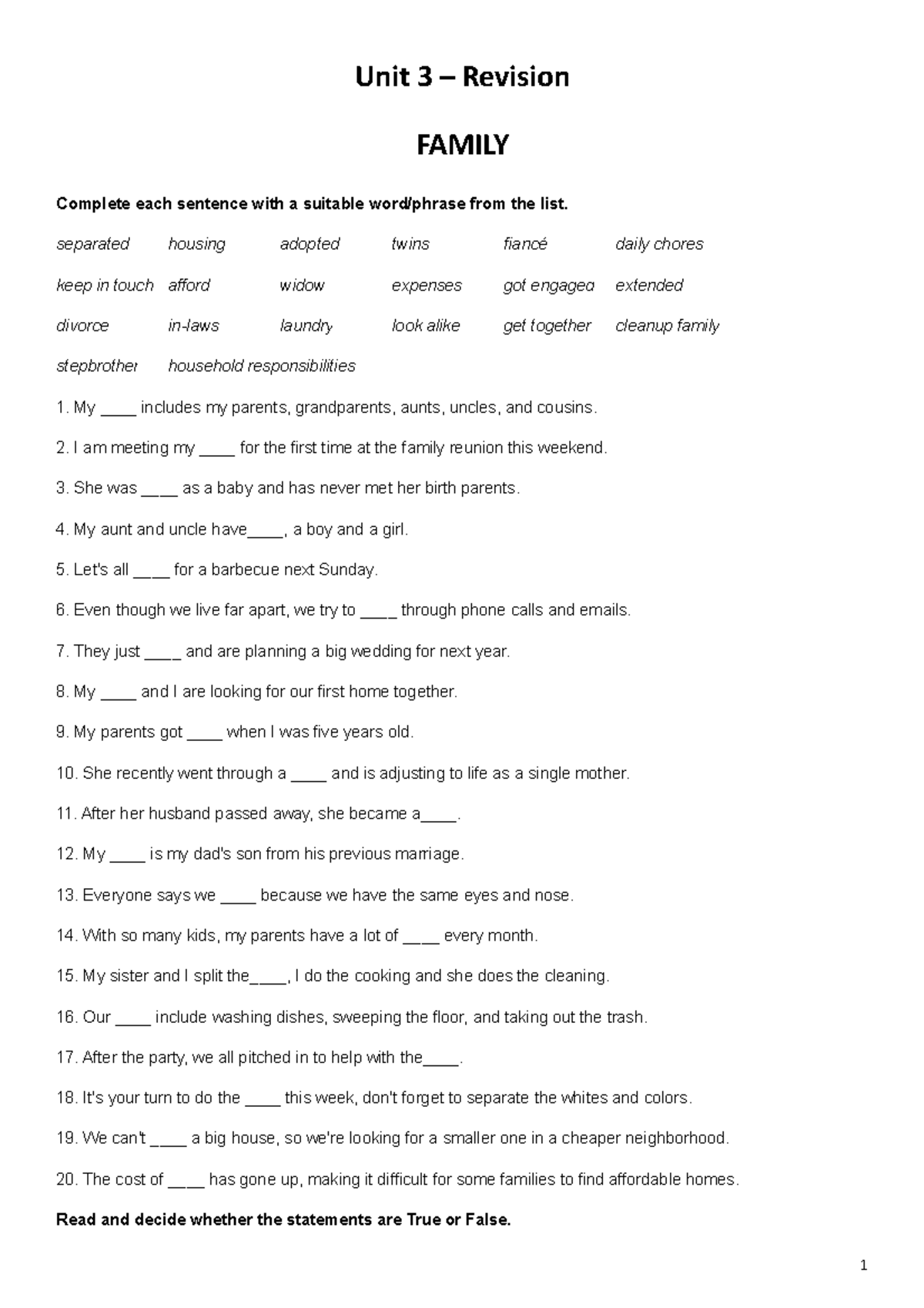 Reading.Family 2 - abcd - Unit 3 – Revision FAMILY Complete each ...