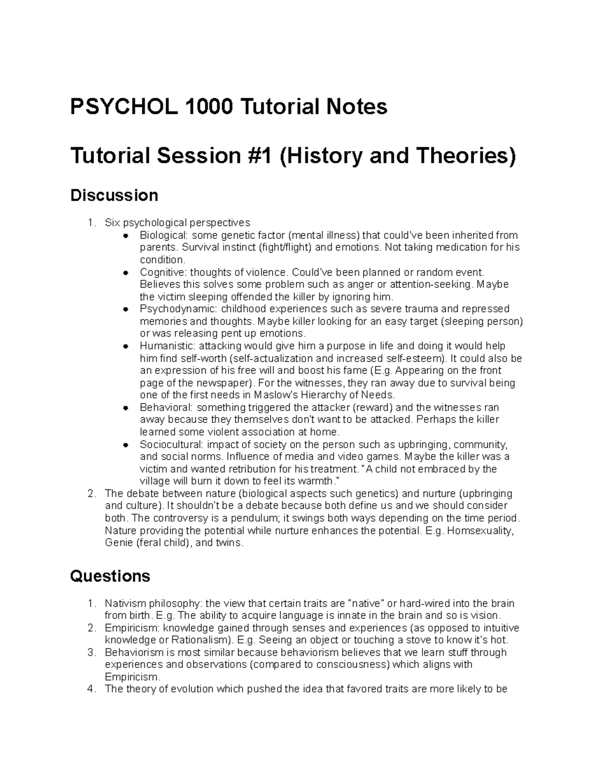 Psychol 1000 Tutorial Notes - PSYCHOL 1000 Tutorial Notes Tutorial ...