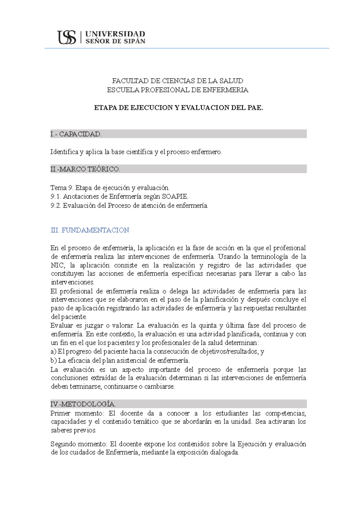 Etapa DE Ejecucion Y Evaluacion EL PAE - FACULTAD DE CIENCIAS DE LA SALUD ESCUELA PROFESIONAL DE ...
