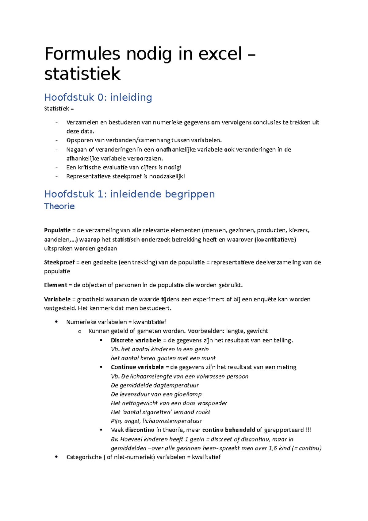 Samenvatting - T.e.m H2 - Formules nodig in excel – statistiek ...