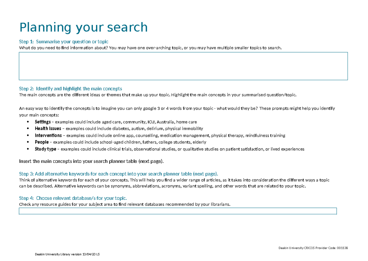 Search Planner 01 - Deakin University CRICOS Provider Code: 00113B ...
